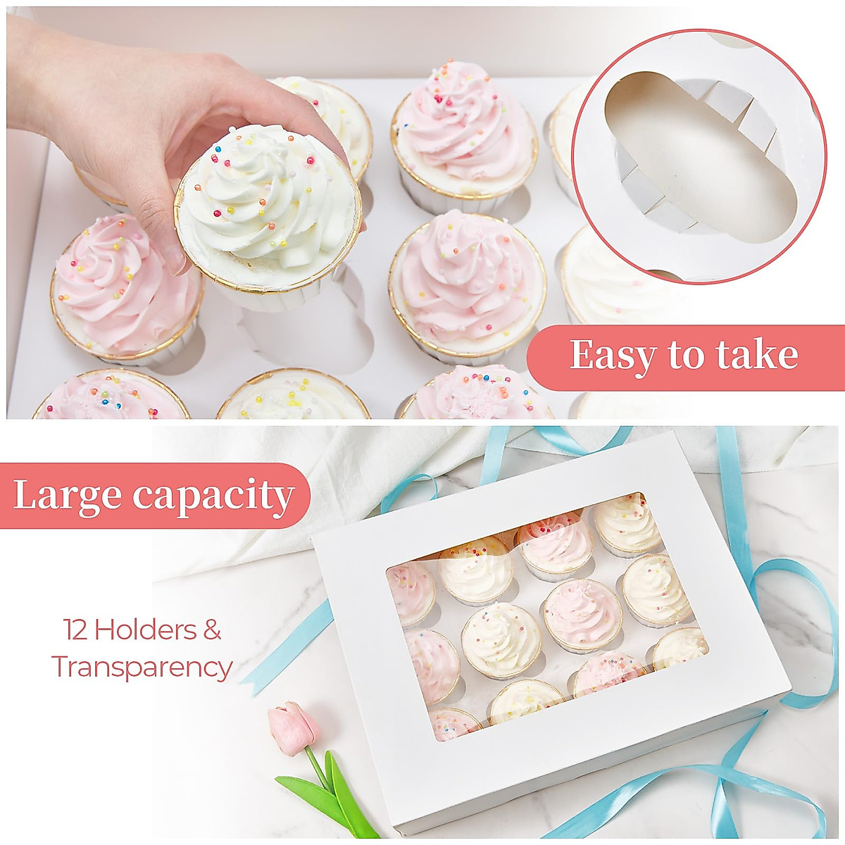 Ohuhu Cupcake Boxes, Upgraded Thicken 6 Pack 12 Count Cupcake Container - Food Grade Cupcake Carrier with Handle Tray Window and Inserts to Hold 72 Pastry Muffin Box for Birthday Holiday Party Bakery