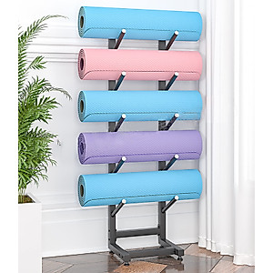 Yoga Mat Holder Floor Storage Yoga Mat Rack Organizer, Double Sided 5-Tier Workout Equipment Storage Holder with Accessories, Mobility Display Shelf, Holds 5-10 (Size : Capacity 5)