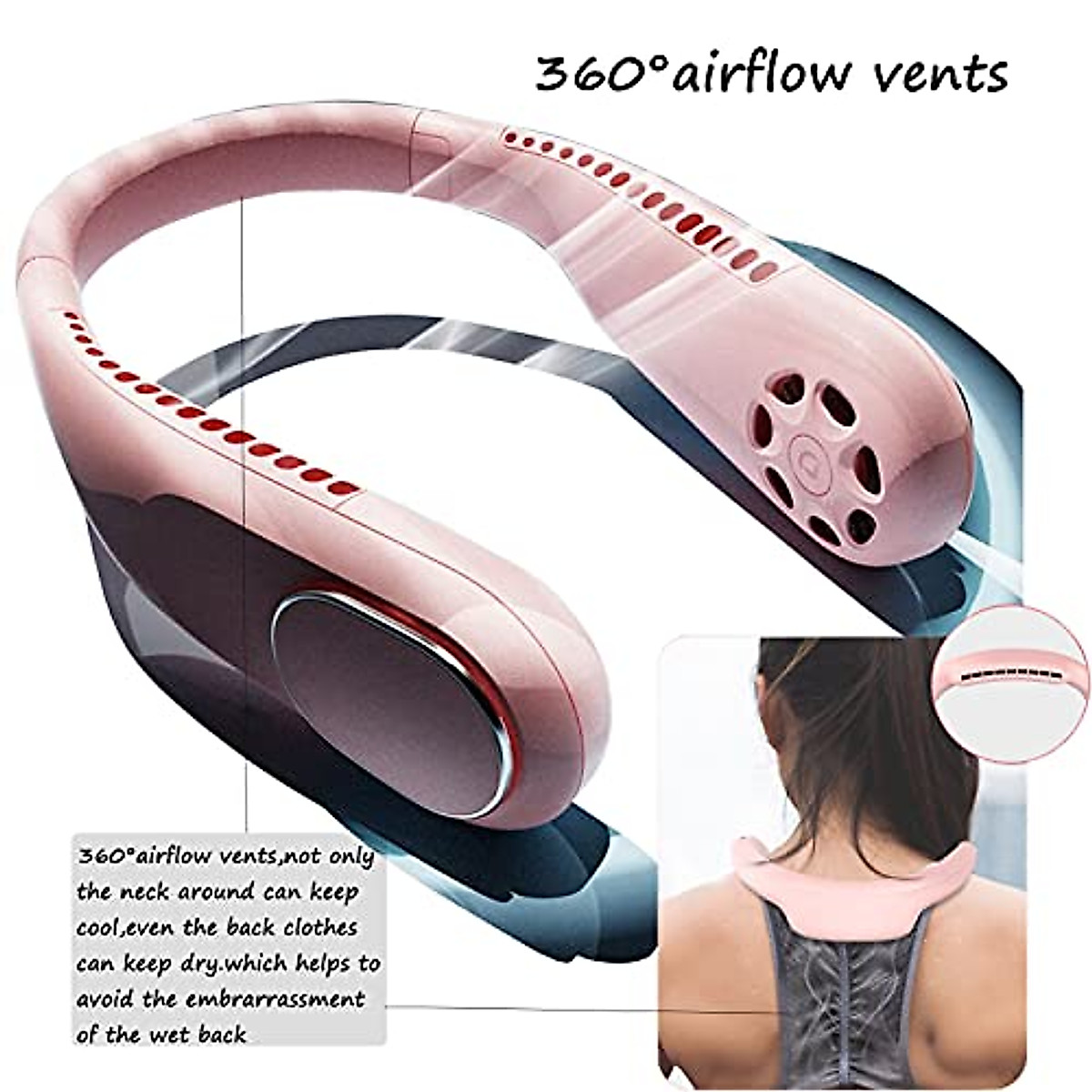 Ecoledix Portable Neck Fan Personal Fans Lightweight 360° Airflow Cooling Hanging Fan Wearable & Rechargeable 3Speeds Neck Cooler for Indoor&Outdoor (Pink)