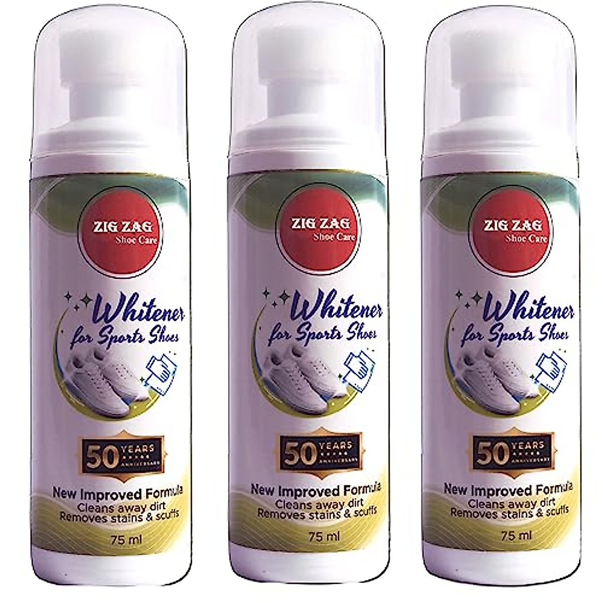 ZIG ZAG Instant Shoe Whitner for Sport Shoes,Sneakers and more Includes Sponge Applicator Easy-to-use Lid Brush Whitener Pack of 3