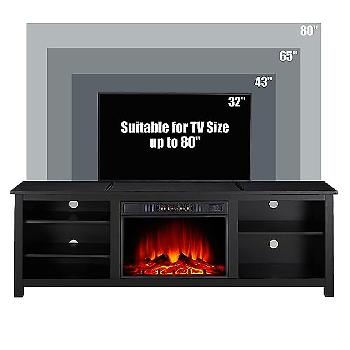 AMERLIFE Fireplace TV Stand, Wood Texture Entertainment Center with 23'' Electric Fireplace, Farmhouse Entertainment Stand Media TV Console for TVs Up to 80'', 70 inches, Black