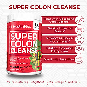Health Plus Super Colon Cleanse, 12 oz powder, 68 Servings - Natural Detox, Digestive Constipation Relief, Gentle Gut Cleanse with Psyllium Husk & Senna Leaf