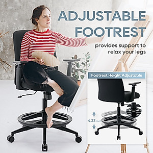 Drafting Chair, Tall Office Chair with Adjustable Armrests, Executive Ergonomic Computer Standing Desk Chair, Office Drafting Chair with Footrest Ring-Black