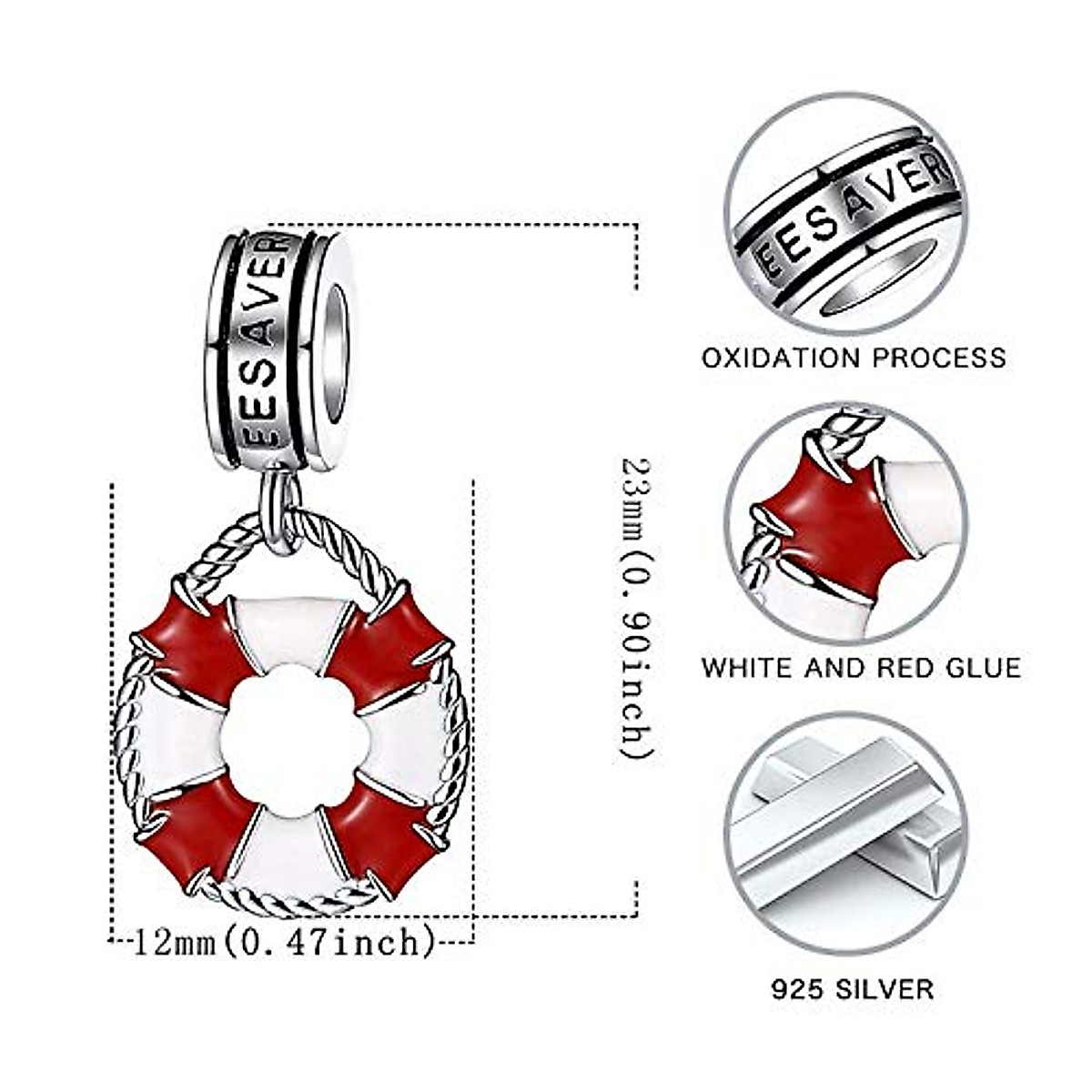 Bolenvi Lifesaver Lifeguard Life Guard Pool Beach 925 Sterling Silver Charm Bead for Pandora & Similar Charm Bracelets or Necklaces