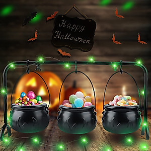 HOMSHIAM Halloween Decorations,Set of 3 Witches Cauldron Serving Bowls on Rack with Shelf and String Lights -Black Plastic Candy Bucket Cauldron for Halloween Decor Indoor Outdoor Home Kitchen