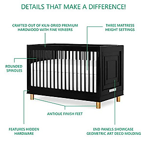 Evolur Loft Art Deco 3-In-1 Convertible Crib In Black, Greenguard Gold Certified, 3 Mattress Height Settings, Features Rounded Spindles, Converts To Toddler Bed & Daybed