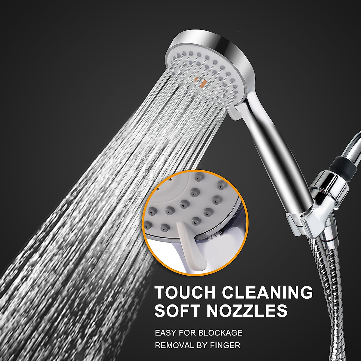 HO2ME High Pressure Handheld Shower Head with Powerful Shower Spray against Low Pressure Water Supply Pipeline, Multi-functions, w/ 79 inch Hose, Bracket, Flow Regulator, Chrome Finish