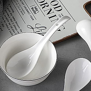 Bright White 6.75 inch Asian Soup Spoon Set of 4, Ultra-fine Porcelain Tablespoon, Chinese Soup Spoons/Japanese Kitchen Soup Spoons for Cereal, Small Spoons for Ramen Pho - Deep Oval Hook Design