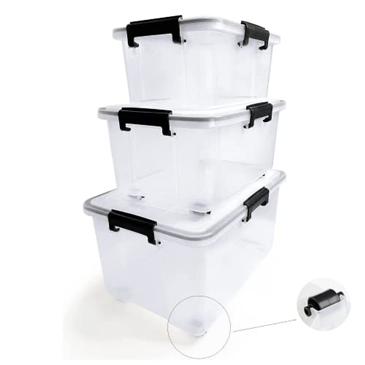LQDSJTU Plastic Storage Bins Tote Organizing Container with Durable Lid and Seal and Secure Latching Buckles and Wheels，Clear,3 Pack（Three sizes：L-32qt M-19qt S-12qt）