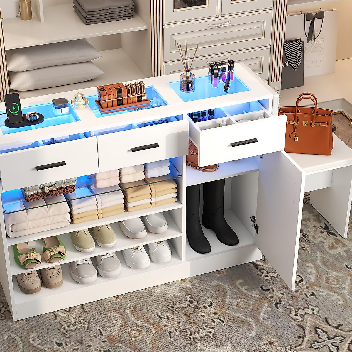 Wardrobe Armoire Closet with Charging & LED Light,Walk-in Closet Island Dresser with Glass Showcase,3 Drawers & Doors, Modern Storage Display Cabinet with Bench for Bedroom,Fitting Room & Shops（White）