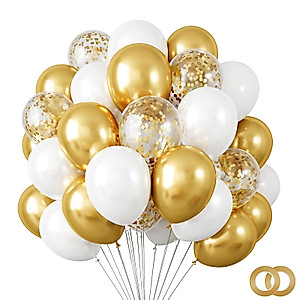 RUBFAC 120pcs 12 Inches White Gold Balloon Kit, Metallic Chrome Gold and Confetti Balloons for Birthday Wedding Engagement Bridal Shower Decorations