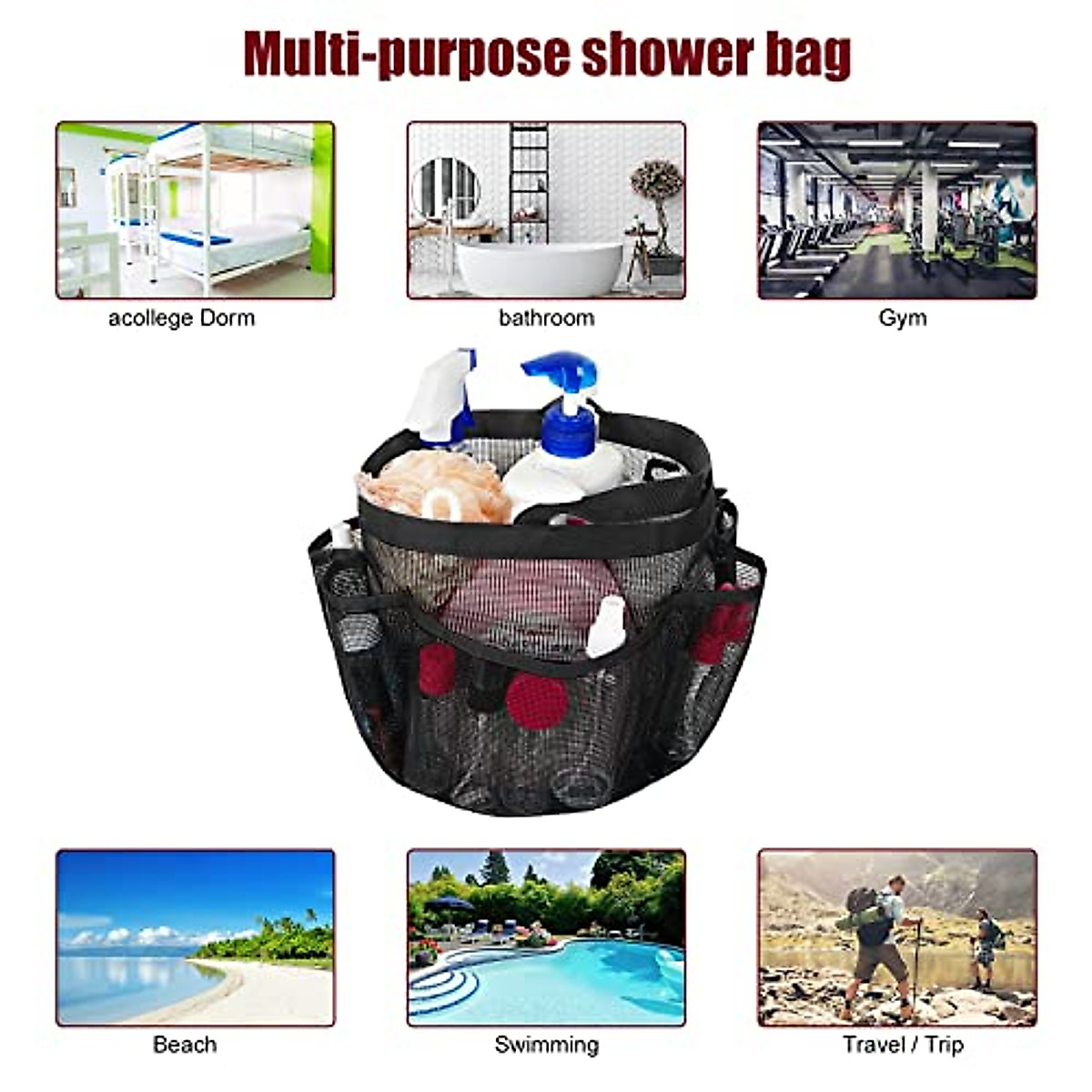 Quick Dry Mesh Shower Caddy, Hanging Shower Tote Bag Toiletry Bath Organizer Makeup Comestic Storage Bag Basket with 8 Storage Pockets for Home Gym Travel Dorm Bathroom Washing Bag Case with Handle
