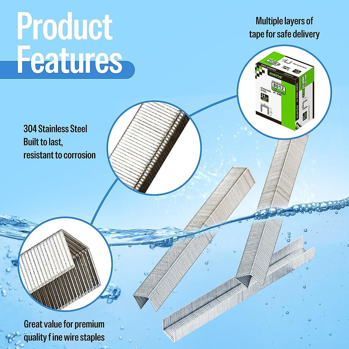 meite 21 Gauge 1/2-inch Crown 304 Stainless Steel Upholstery Staples with 1/2-inch Leg for MT8016 Stapler 10,000 PCS/Box