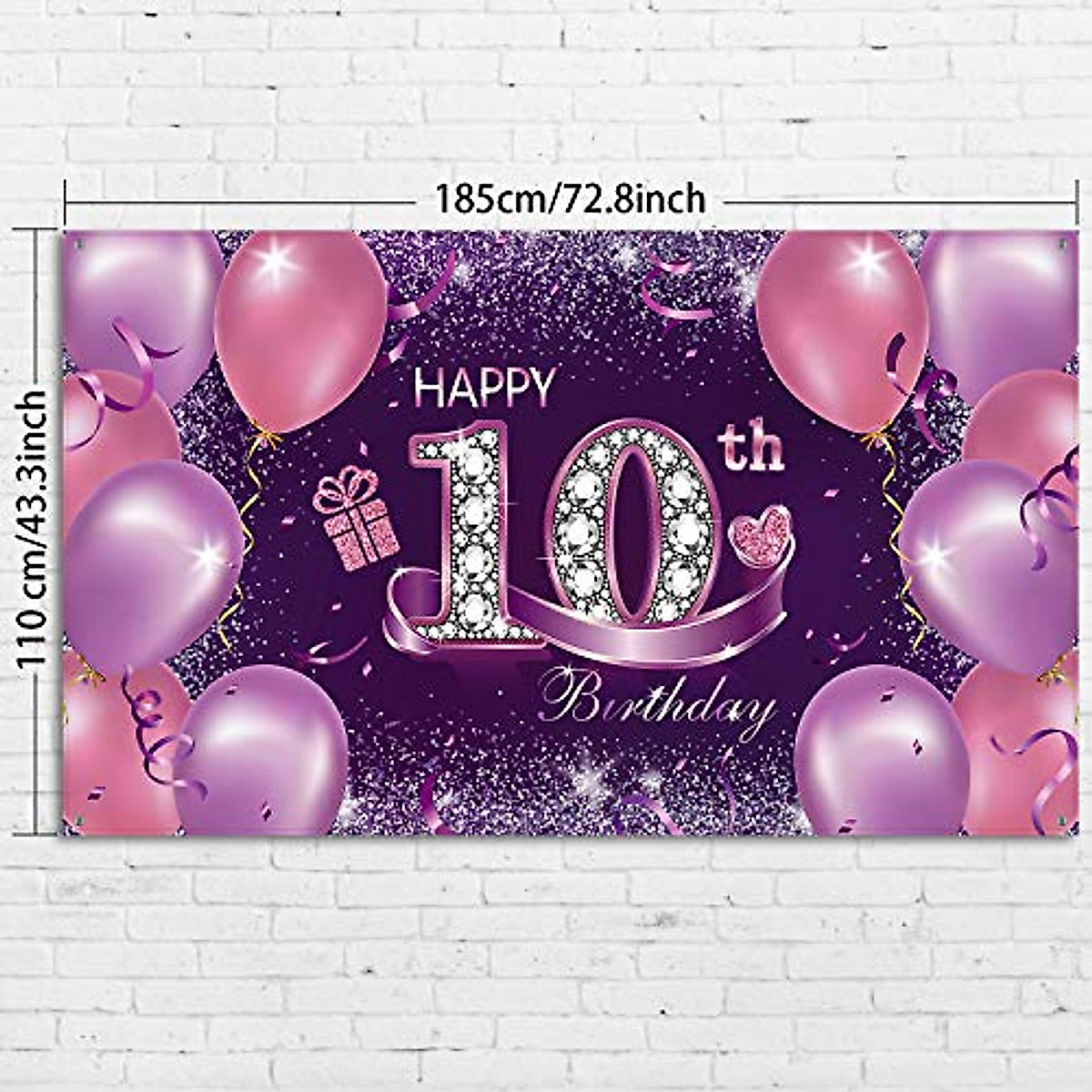 Happy Birthday Party Decorations, Large Fabric Pink Purple Happy 10th Anniversary Birthday Sign Banner Photo Booth Backdrop Background with Rope for Girls Birthday Party Favor, 72.8 x 43.3 Inch