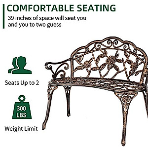 Payhere Garden Benches for Outdoor, 39.7 in Antique Designed Metal Rose Carving Front Porch Bench, Cast Iron Cast Bronze Frame Antique Finish, Durable Patio Park Decor Leisure Bench for 2 Person Seat