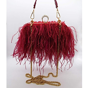 QEBURI Women Fluffy Ostrich Feather Evening Dress Clutch Bag Purse Shoulder Bag (Wine)