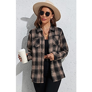KevaMolly Plaid Long Sleeve Flannel Shirts for Women Loose Fit Boyfriend Button Down Shirt Casual Flannel Blouse Tops Brown Black M