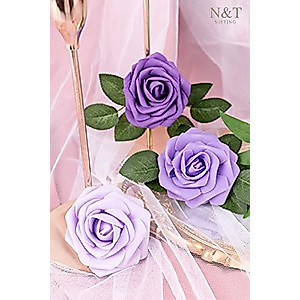 N&T NIETING Purple Roses Artificial Flowers 25Pcs Fake Flowers Foam Roses with Stems for DIY Wedding Bridesmaid Bridal Bouquets Centerpieces Party Home Decoration Baby Shower, Series Purple