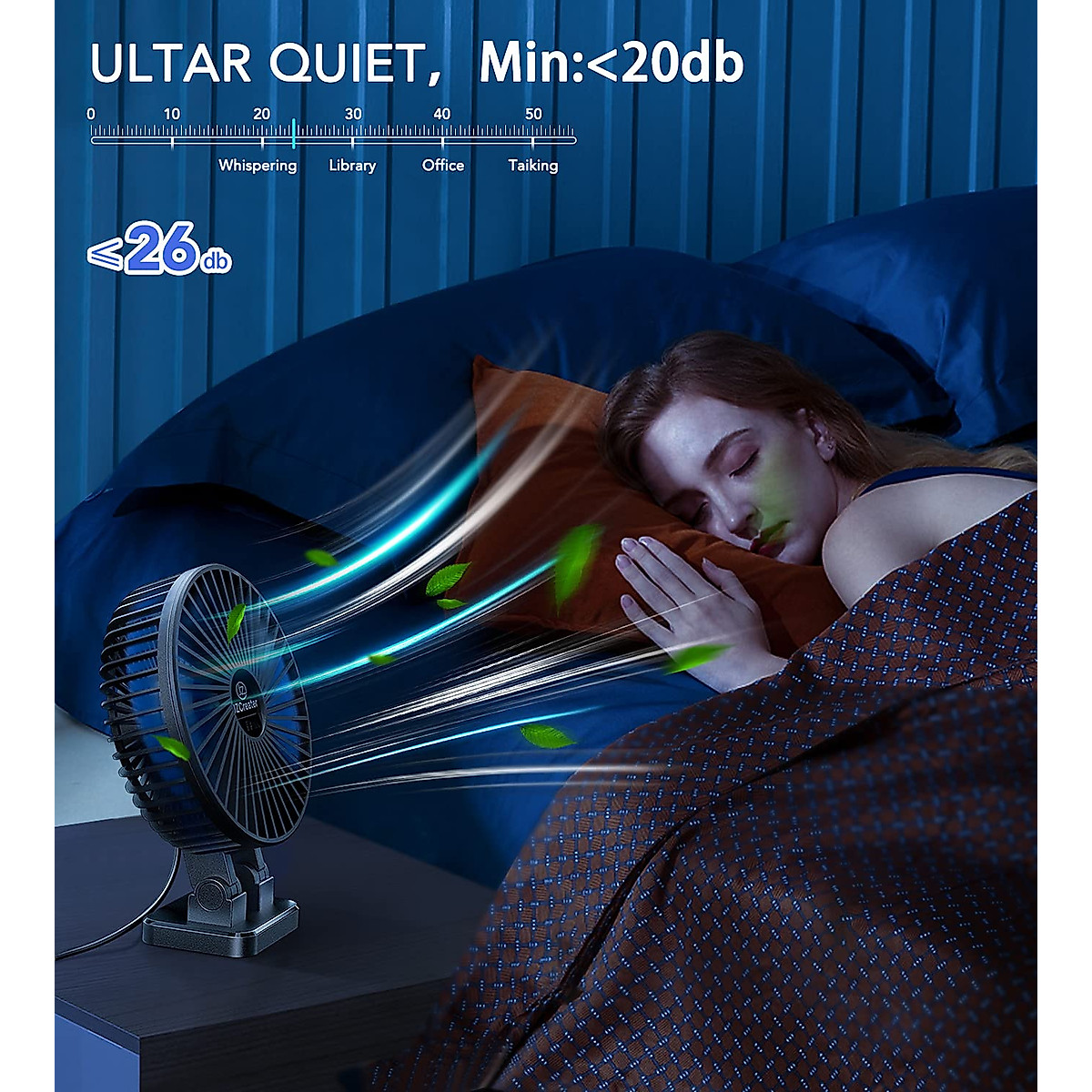 JZCreater USB Desk Fan, Mini Fan Portable, 3 Speeds Desktop Table Cooling Fan, Plug in Power Fan, Rotation Strong Wind, Quiet Personal Small Fan for Home Desktop Office Travel Bedroom, Black Blue