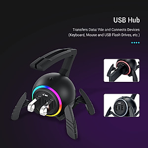 KIWIFOTOS Mouse Bungee RGB Gaming Mouse Cord Holder Controller, Upgraded Flexible Cable Management Smart RGB LED Lights 2 Port USB Hub & 1 Type-C, Spider Mouse Wire Holder