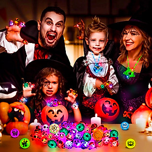 64Pcs Halloween Party Favors for Kids, Glow in The Dark Halloween Toys Bulk Light Up Rings Necklaces Bracelet Halloween Goodie Bag Fillers Stuffers Halloween Treats for Classroom Prizes Trick or Treat