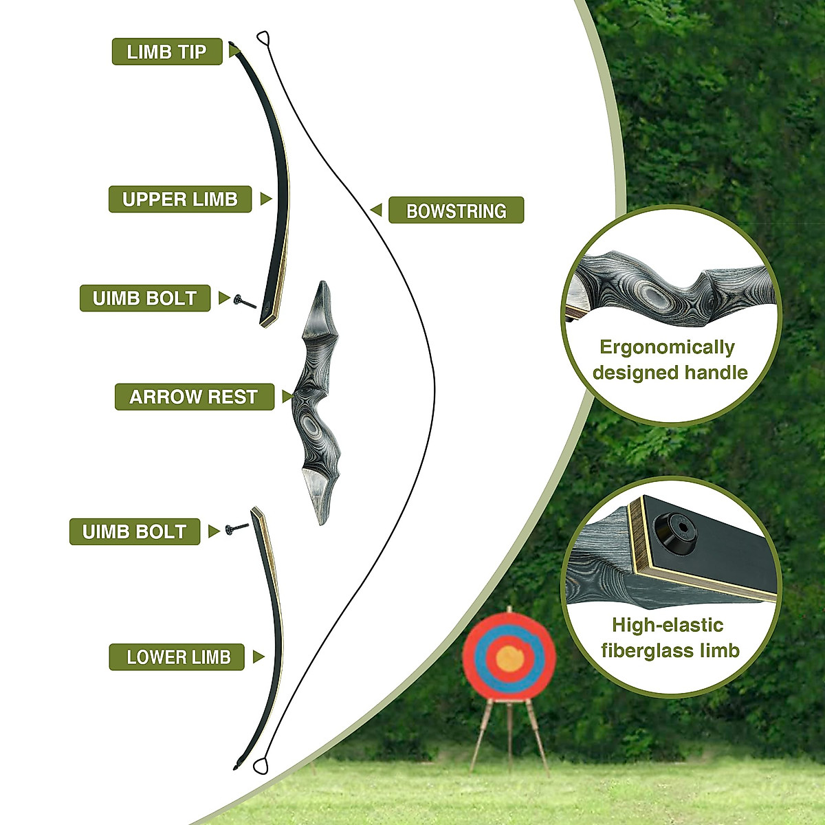 Black Hunter Takedown Longbow, GLURAK 60" Wooden Archery Bow Hunting Bow - Right Hand Bow for Beginner Training Practice, 40lb