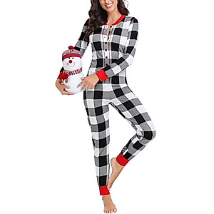 SWOMOG Womens Christmas Onesie Pajamas Jumpsuits Adult One Piece Sleepwear Long Sleeve Bodysuit Buttons Union Suit