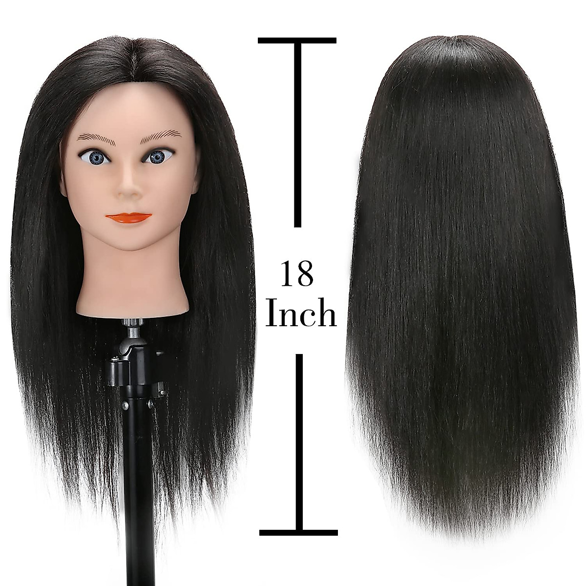 SILKY 100% Real Hair Mannequin Head with Stand, Hairdressers' Practice Training Head and Cosmotology Doll Head for Hairstyling and Braid - Natural Black