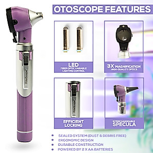 RiteScope Otoscope with Light - Premium Otoscope Set with Fiber Optic Illumination - Ear Infection Detector - Ear Scope for Examination at Home-Purple