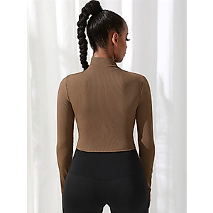 SweatyRocks Women's Long Sleeve Stand Collar Zip Up Crop Top Stretchy Sports Jacket Activewear Coffee Brown L