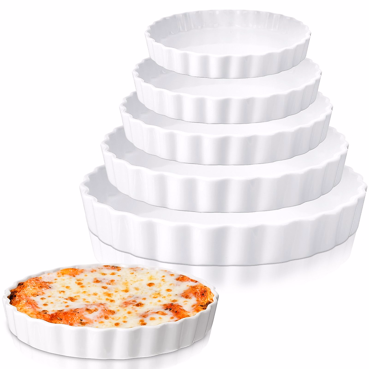 Zhehao 5 Pcs Porcelain Tart Pan Set, 5"/ 6"/ 7"/ 9"/ 11" Quiche Ceramic Baking Dish Non Stick Round Pie Dish White Pie Plate with Ruffled Edge for Tarts, Pie, Microwave, Dishwasher and Oven Safe