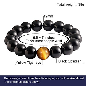Jewever Tiger Eye black obsidian Bracelet For Men Women 12mm beads Stone Energy Healing Crystal Unisex Stretch