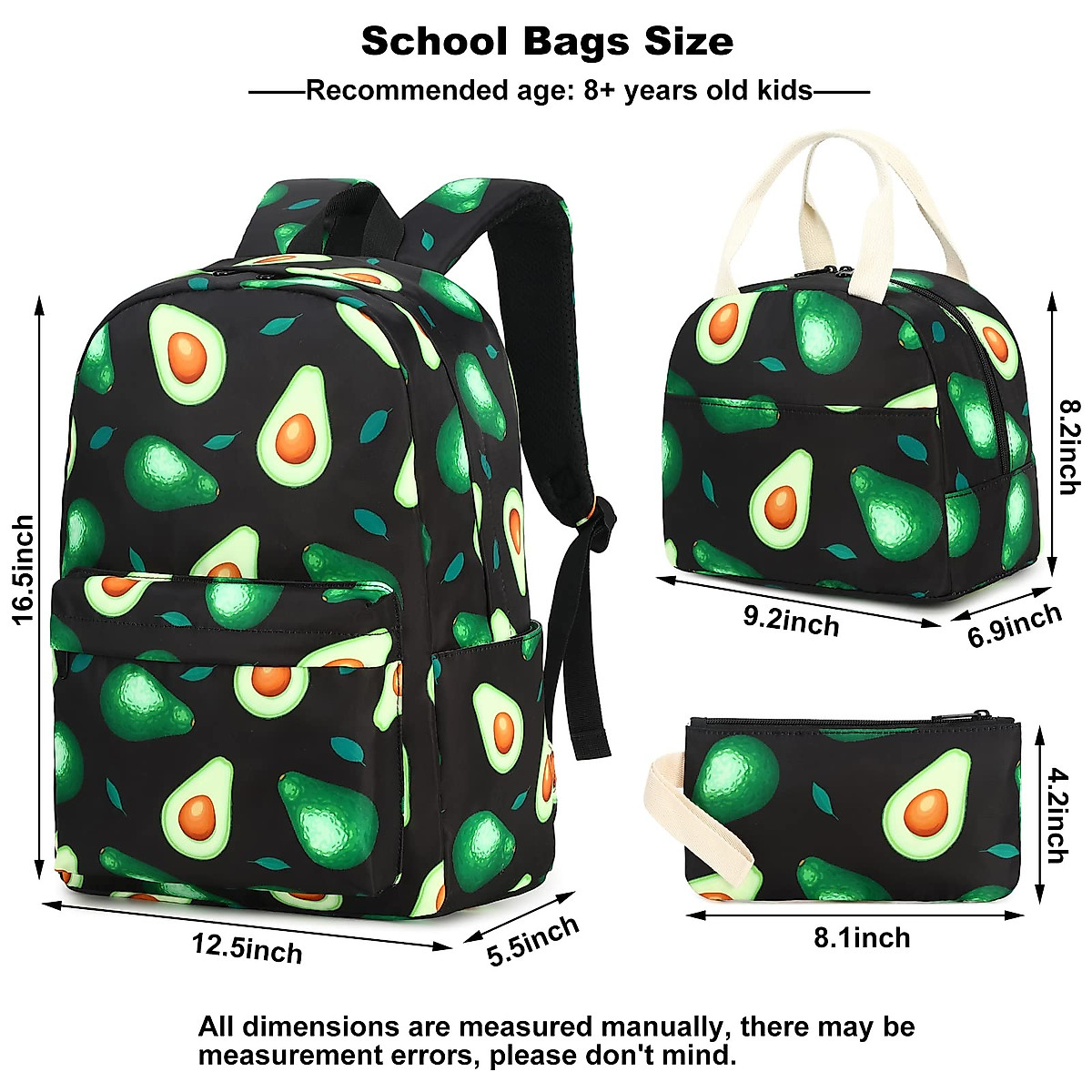 Esfoxes Avocado School Backpack for Girls, Kids Teens School Bags Bookbags Set with Lunch Bag Pencil Bag