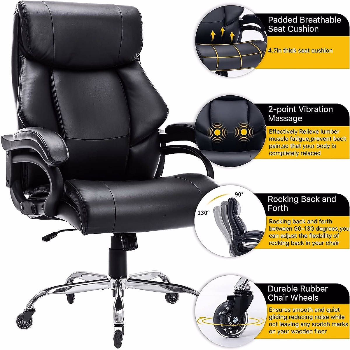 chizzysit Big and Tall Office Chair, Executive Office Chair for Heavy People, Massage Office Desk Chair 400lbs, Leather Office Chair with Heavy Duty Metal Base and Quiet Wheels