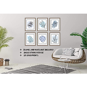 Botanical Prints - Minimalist Line Art Leaf Prints 8x 10 (Set of 6) - Aesthetic Art Posters - Abstract Plant Decor - Unframed (Blue)