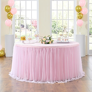 108in Baby Pink Tulle Table Skirts for Rectangle Tables 6ft 8ft 4ft, 2-Layer 9 ft Long Gold Grim Princess Pink Ruffle Tulle Tutu Table Skirt Cloth for Girl Birthday Baby Cake Dessert(No Table Cover)