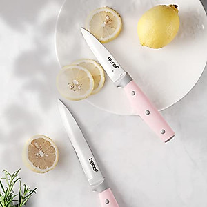 hecef Kitchen Knife Block Set, 14 Pieces Knife Set with Wooden Block & Sharpener Steel & All-purpose Scissors, High Carbon Stainless Steel Cutlery Set, Mothers Day Gift Housewarming Birthday (Pink)