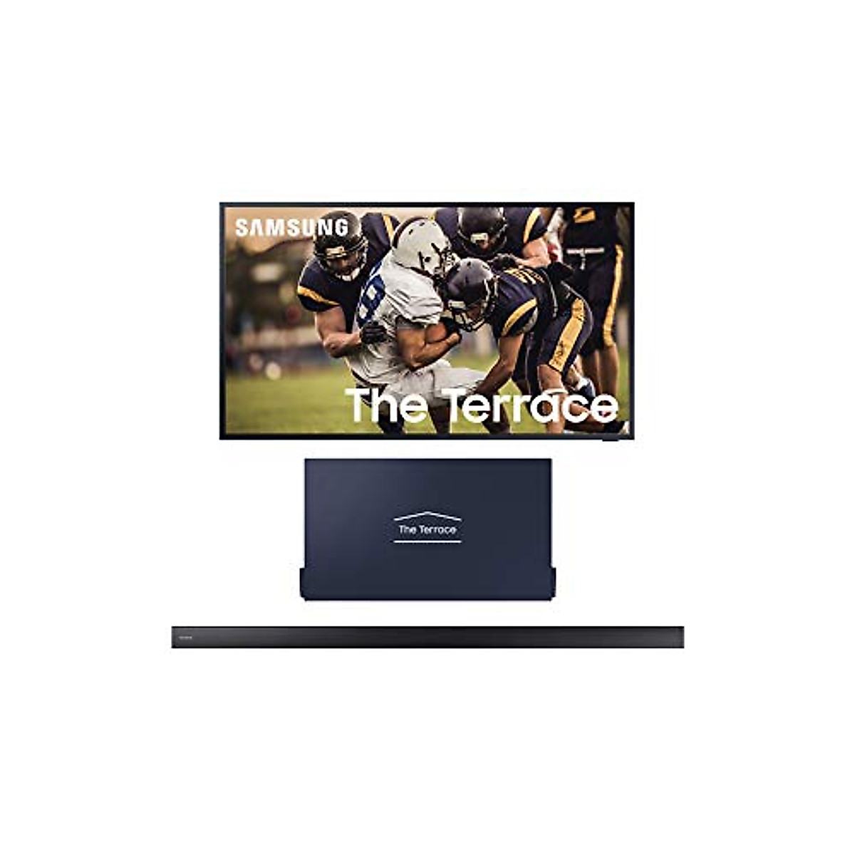 SAMSUNG QN75LST7TA The Terrace 75" Outdoor QLED 4K Smart TV with a HW-LST70T 3.0 Channel Soundbar with Dolby 5.1 Ch and a VG-SDC75G 75" Dark Gray Dust Cover for The Terrace TV (2020)