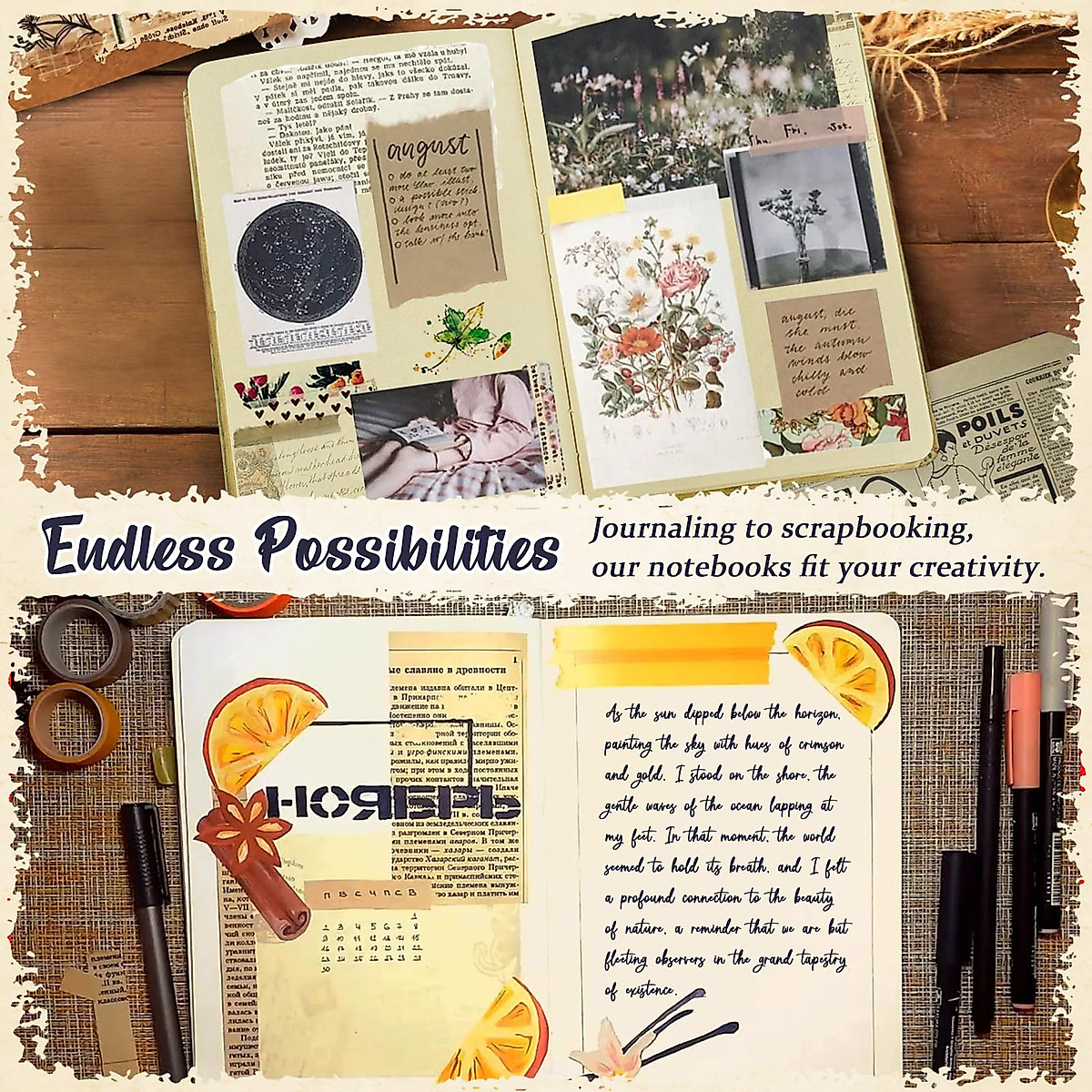 4 Pack Travel Journal, Journal for Women Men Gift, Vintage Journal with Retro Page for Writing, Hardcover Cute Notebook, Aesthetic Diary Notebook Junk Journal Set, Scrapbook Journal, 5.6" X 8.3"