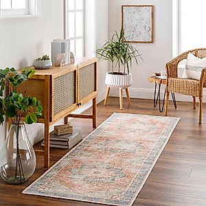 Livabliss Suri Vintage Washable Runner Area Rug,2'7" x 14',Rust/Blue