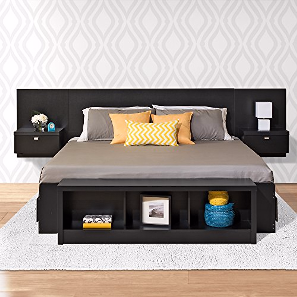 Prepac Series 9 Designer Floating King Headboard with Nightstands, 123.25" W x 31.5" H x 16"D, Black