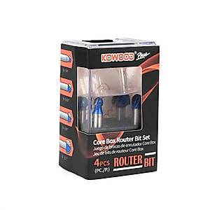 KOWOOD Plus Core Box Router Bit Set, 1/4 Inch Shank, Cutting Diameter in 1/4”, 5/16”, 3/8”, 1/2”. with Updated KOWOOD C3 Carbide. Great for Making Signs, Decorative accents to Furniture & Plaques