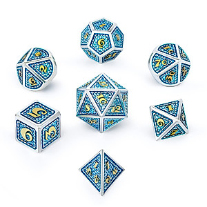DNDND Dragon Skin Metal Dice Set, 7 PCS Metallic D&D Die with Metal Tin for DND Game (Azure with Silver Edge)