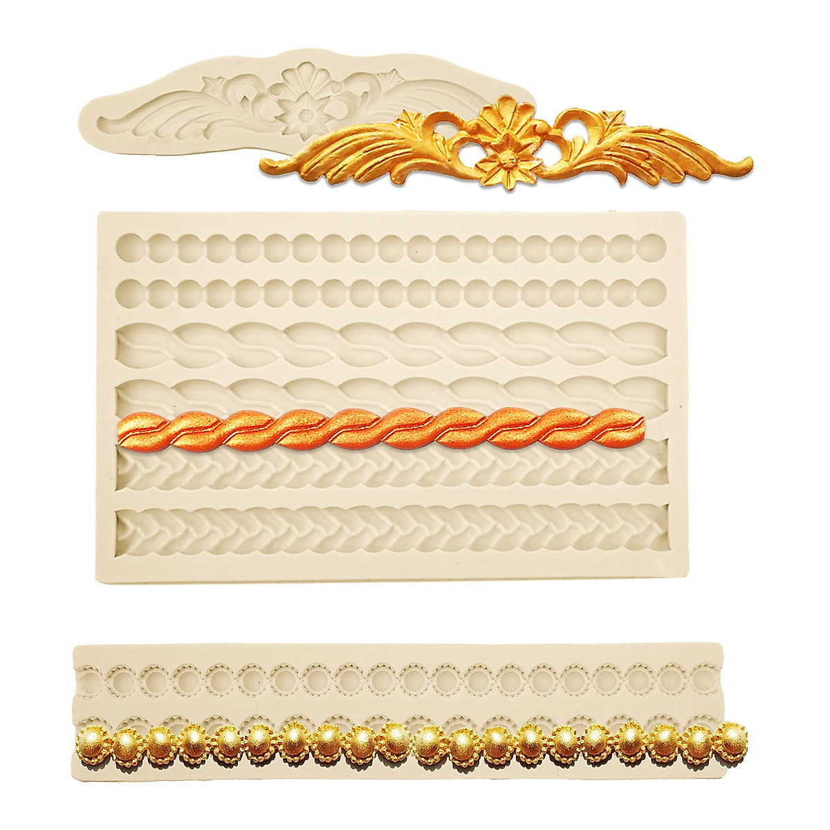 MUYULIN Pearl Fondant Molds, 3 Pack Silicone Pie Decoration Crust Mould, for Cake, Chocolate, Cupcake, Knit Rope, Game Pie, SugarCraft, Clay