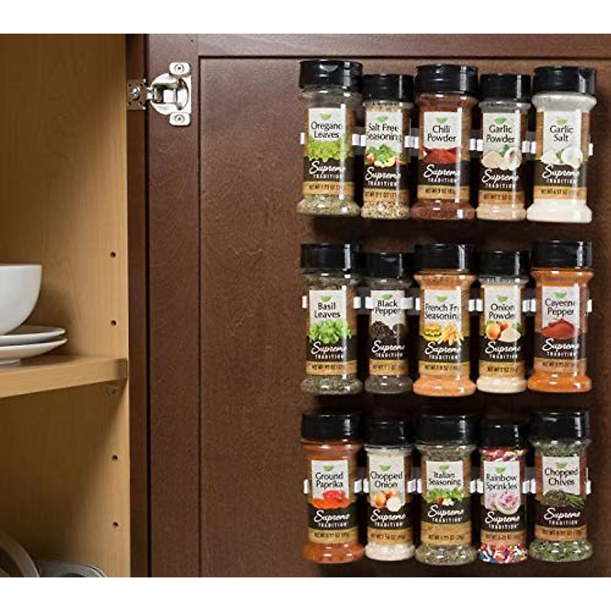 Spice Clip Strips For Cabinet Doors - Organizer for Spices - Spice Rack Holds15 Spice Jars - 3M Adhesive Gripper Clip Strips For Pantry Made of Heavy White Plastic By Crazy Chef