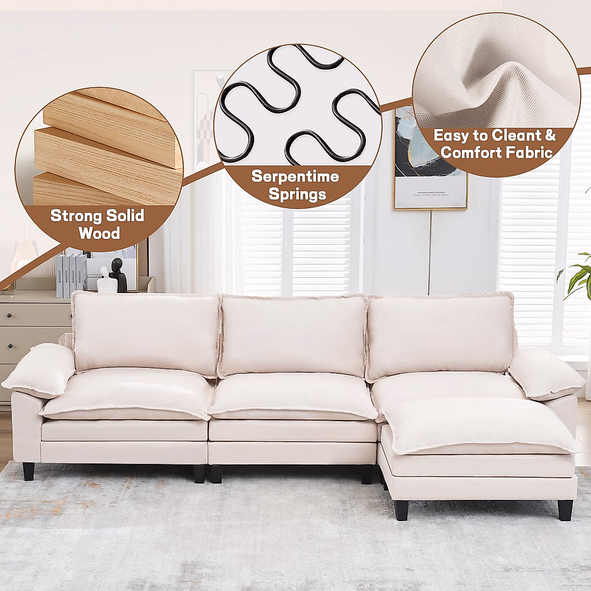WOTSTA 118" Convertible Sectional Sofa, Cloud Couch Deep Seat Sofa, L Shap Sofa Couch with Ottoman, Modern Sectional Couches for Living Room, Apartment, Studio, Beige