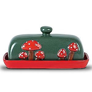Mushroom Butter Dish With Lid For Countertop Ceramic Butterdish Red Butter Container Butter Tray Large Butter Dish Covered Butter Dish