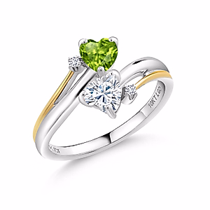 925 Silver and 10K Yellow Gold Green Peridot and Moissanite from Charles & Colvard 2 Heart Promise Couple Engagement Mother Ring (1.02 Cttw, Gemstone Birthstone, Available In Size 5, 6, 7, 8, 9)