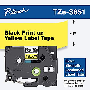 Brother Genuine P-touch TZE-S651 Tape, 1" (0.94") Wide Extra-Strength Adhesive Laminated Tape, Black on Yellow, Laminated for Indoor or Outdoor Use, Water-Resistant,0.94" x 26.2' (24mm x 8M), TZES651
