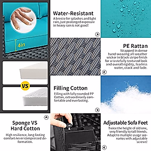 Outdoor Wicker Furniture Couch Set 5 Pieces, Patio Furniture Sectional Sofa with Turquoise Cushions and Furniture Covers, Black Rattan